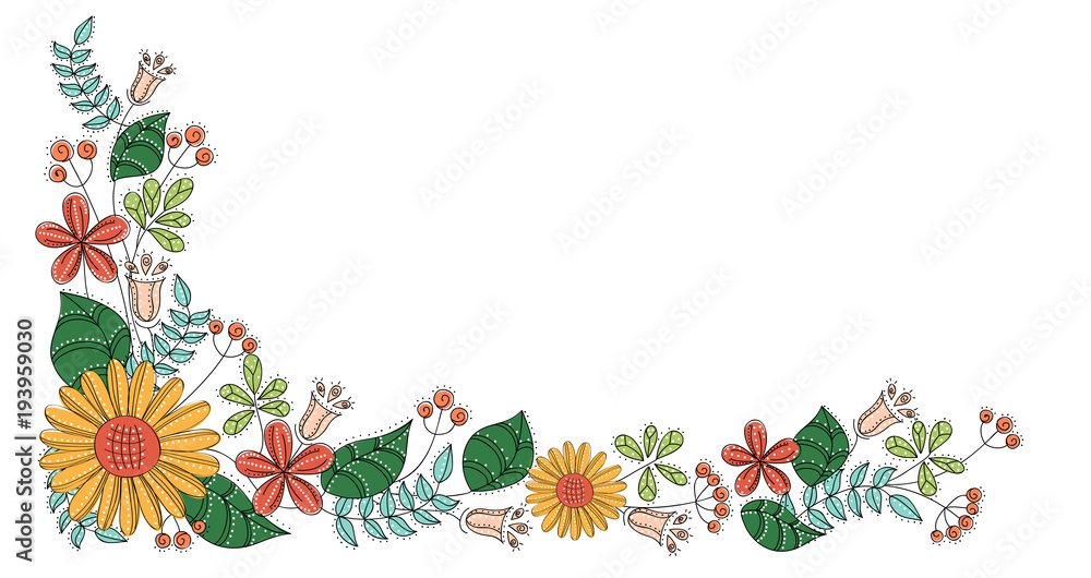 Cartoon corner decoration with flowers, plants and leaves. Vector ...