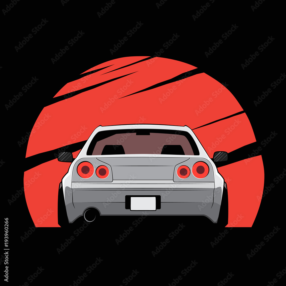 Cartoon japan tuned car on red sun background. Back view. Vector ...