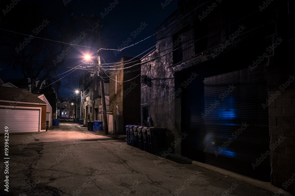 Dark empty and scary urban city street.alley with vintage buildings and ...