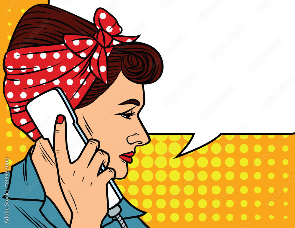 Vector illustration in comic art style of pretty woman talking by phone ...