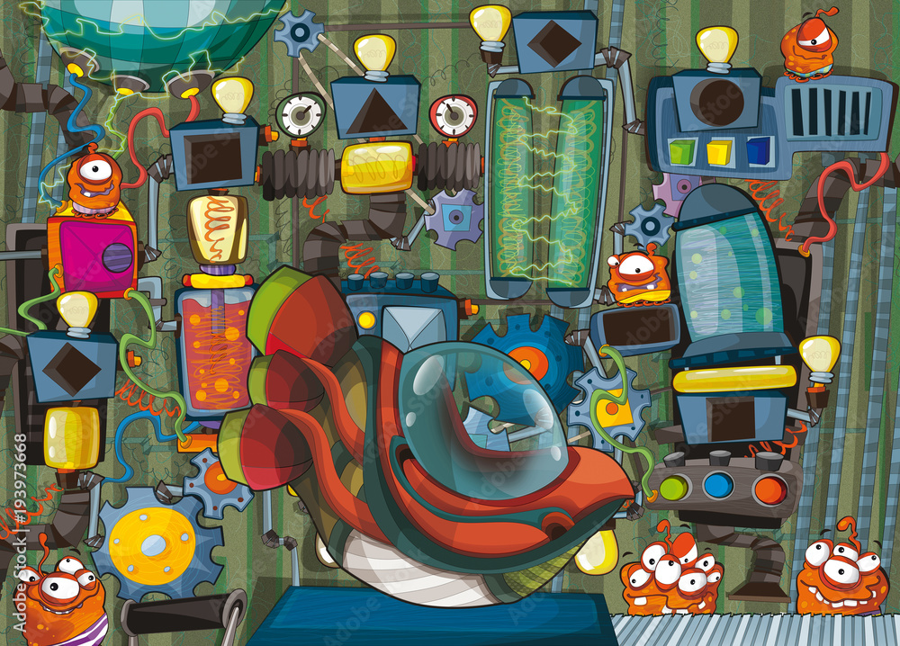 cartoon scene with ufo machine in science fiction factory - aliens ...