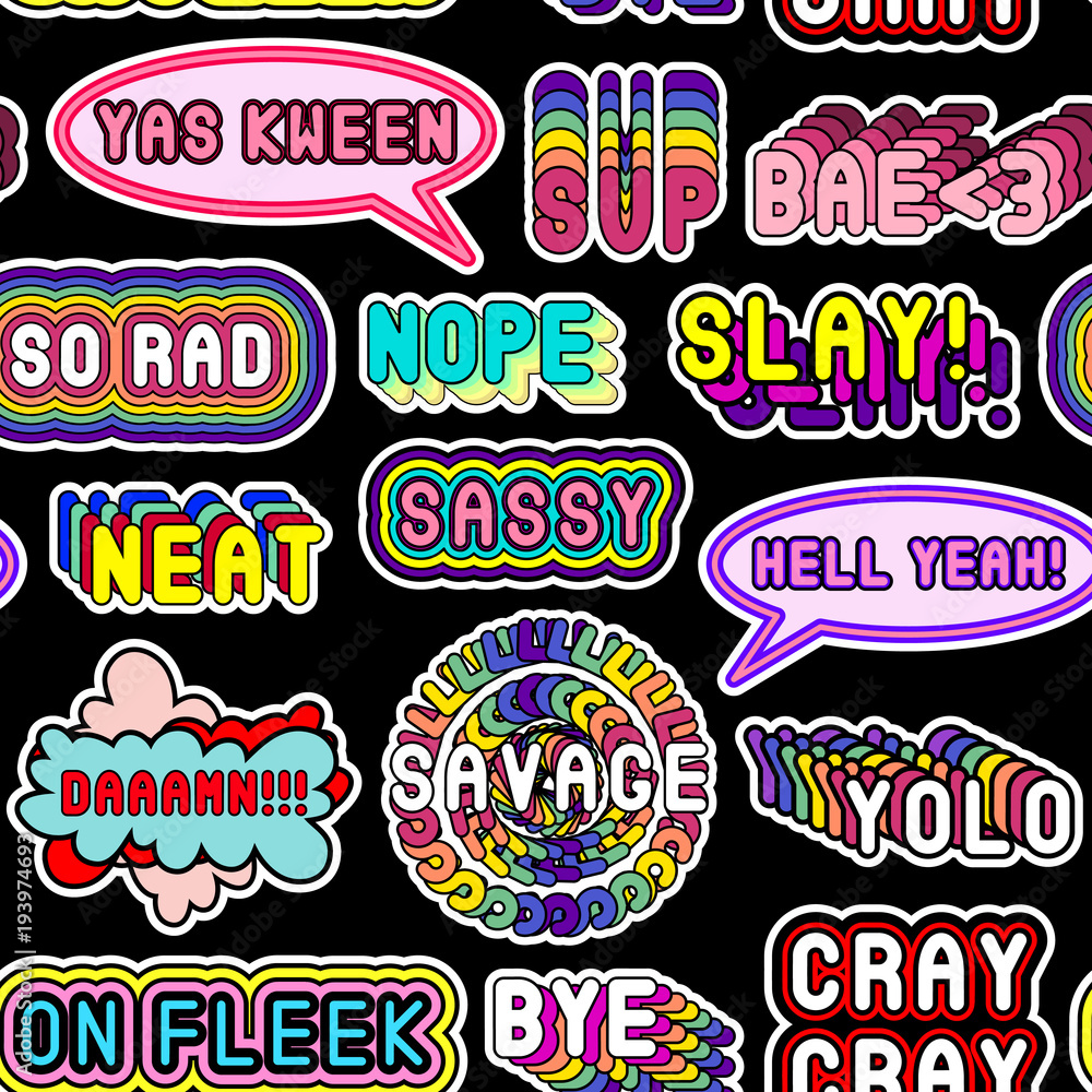 Seamless pattern with a set of sassy colorful phrases, words: "YOLO ...