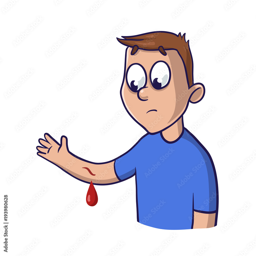 Upset guy raises wounded hand with blood oozing. Blood drop on a floor ...