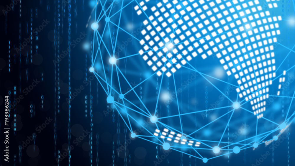 Blue technology circle and computer science abstract background with blue and binary code matrix ...