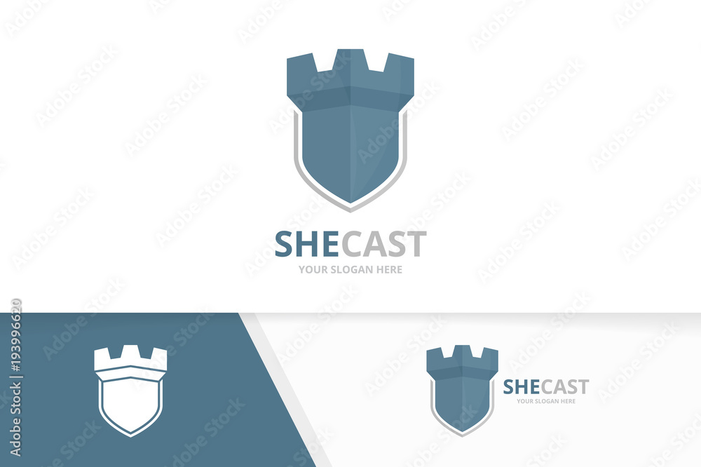 Vector castle and shield logo combination. Tower and security symbol or ...
