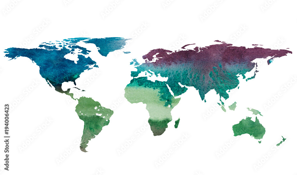 2d hand drawn illustration of world map. Color gradiented watercolor ...