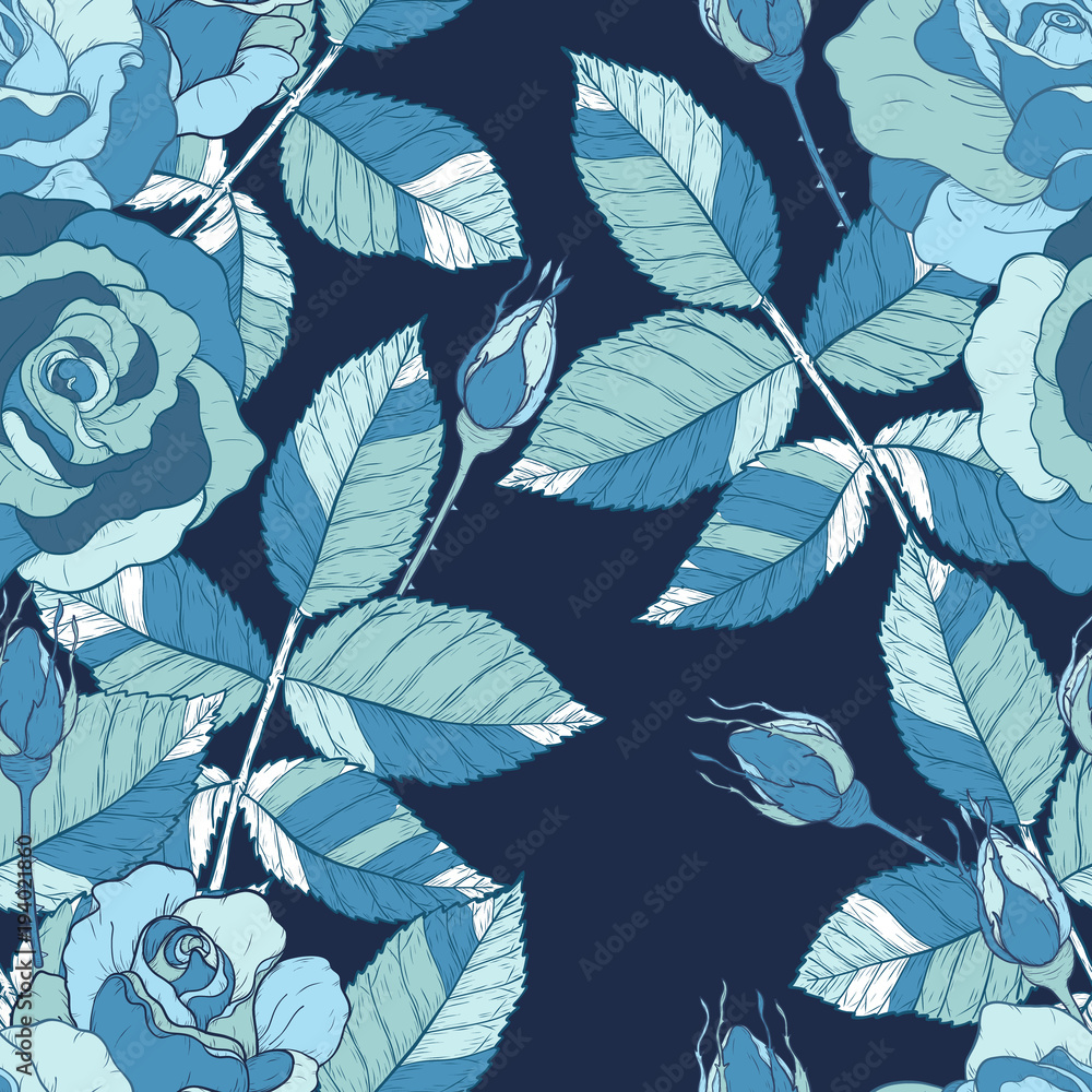 Rose pattern by hand drawing.Blue rose high detail for wallpaper.Flower ...