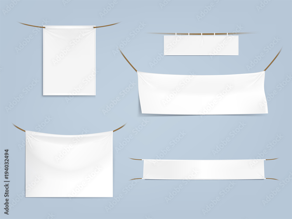 Vector set of white blank textile banners with folds, horizontal and ...