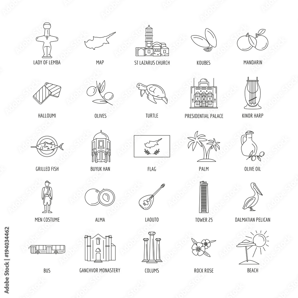 Set of Cyprus symbols and landmarks. Outline vector illustrations ...