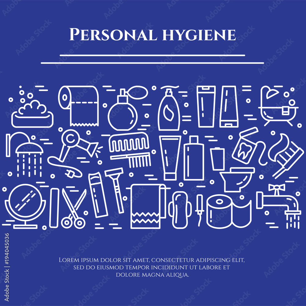 Personal hygiene blue line banner. Set of elements of shower, soap ...