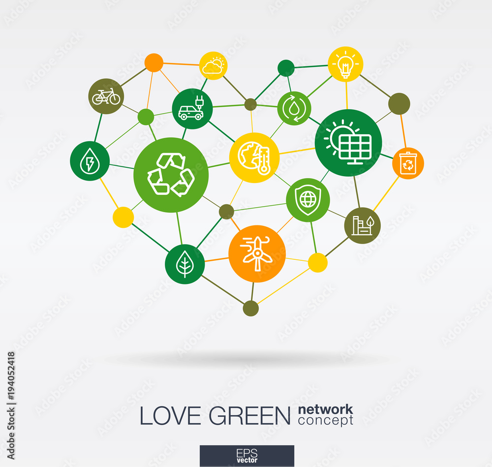 Love green, environmental integrated thin line icons in heart shape ...