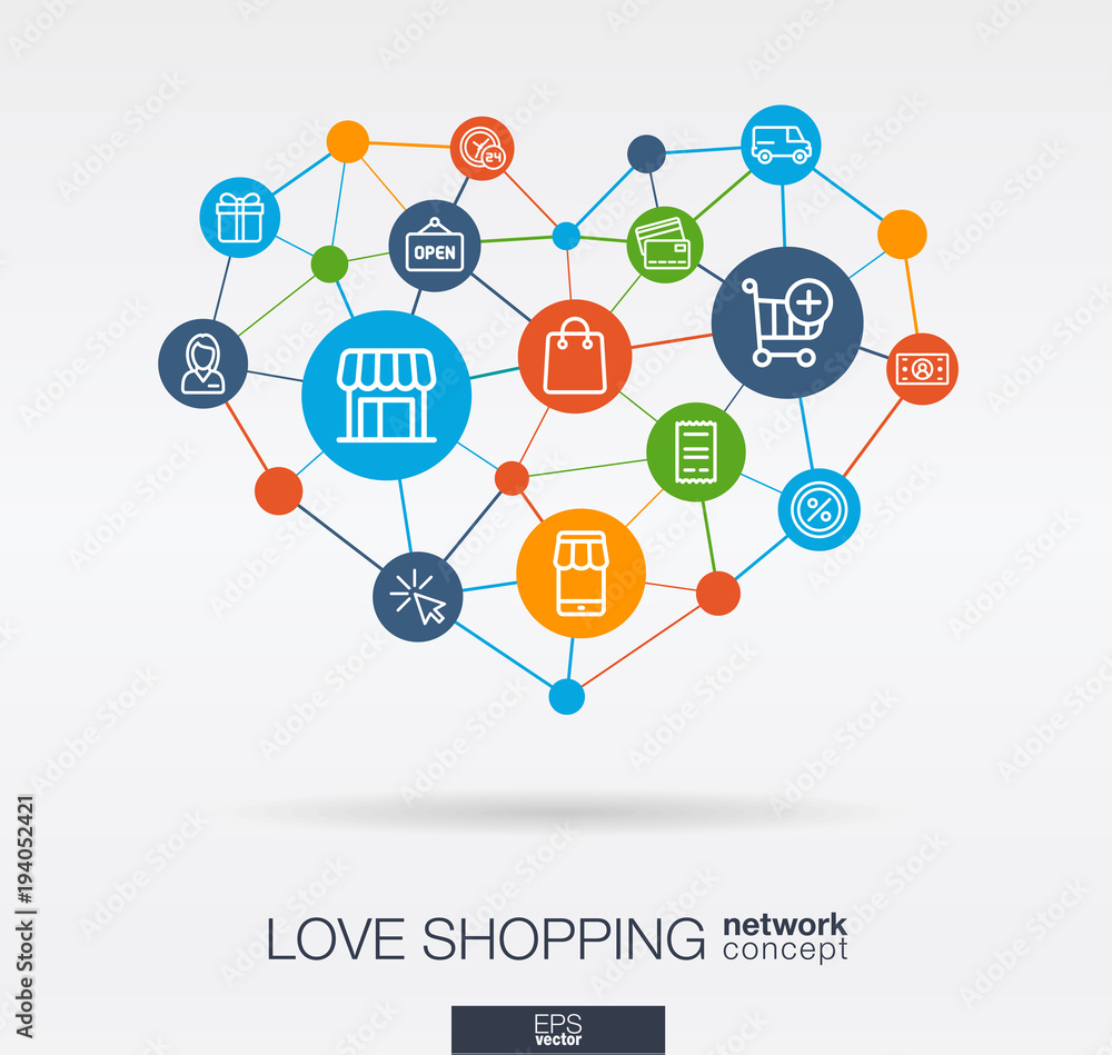 Love shopping integrated thin line icons in heart shape. Digital ...