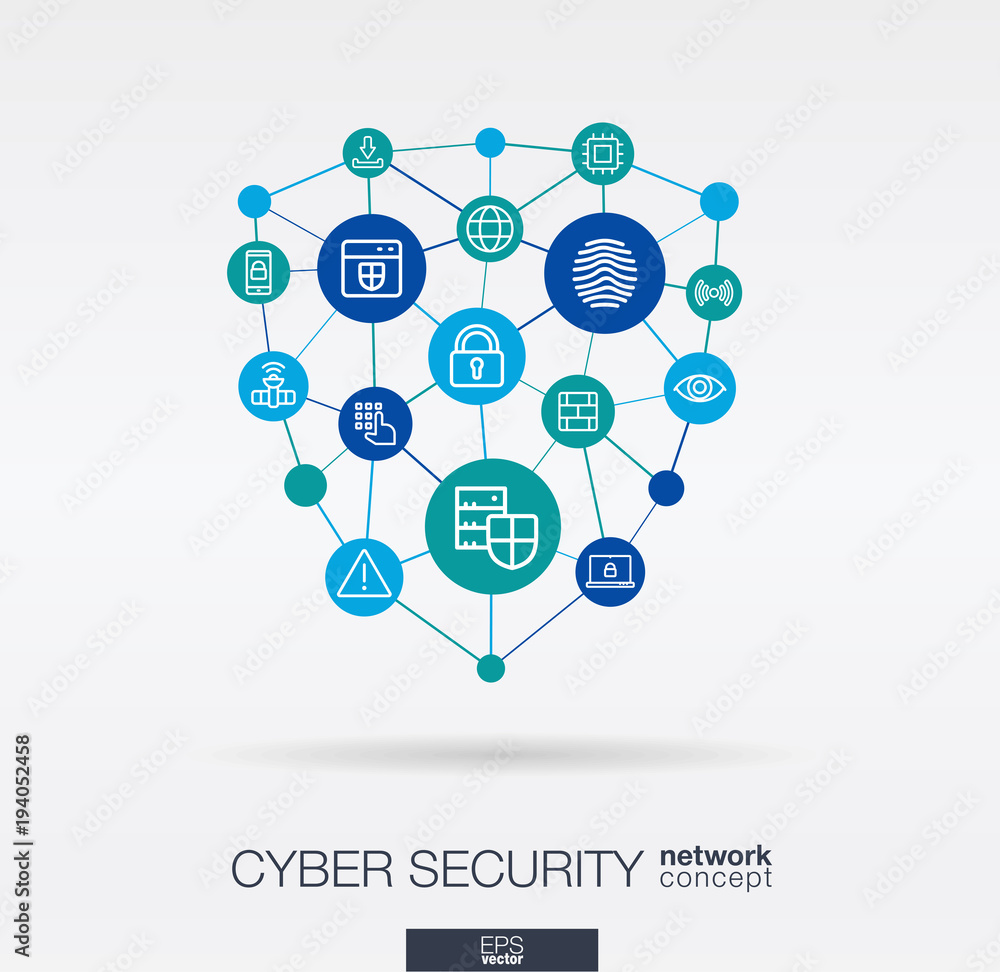 Cyber security integrated thin line web icons in shield shape. Digital ...