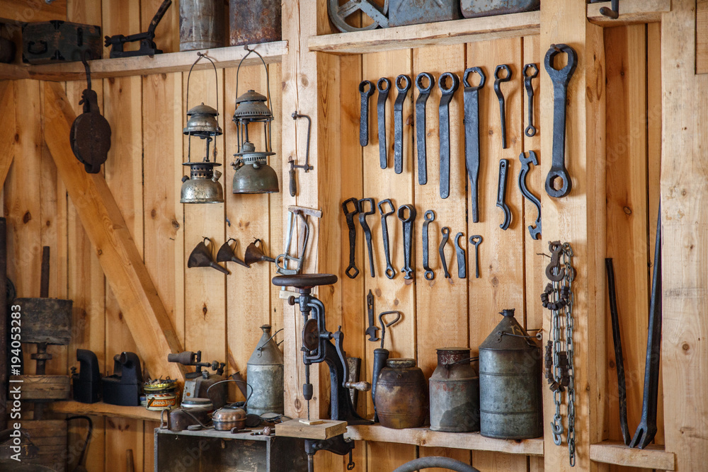 Old traditional carpenter's workshop with its wealth of tools and wood ...