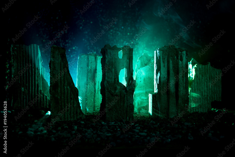 Apocalyptic ruins of the city. Disaster effect. Night scene. City ...