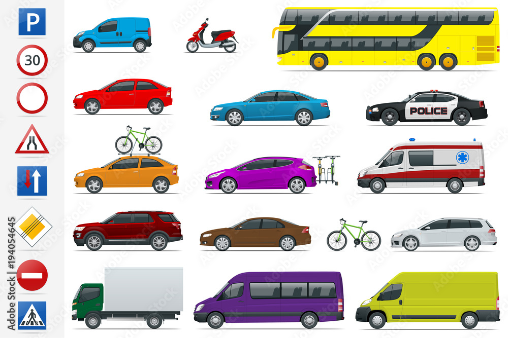 Flat high-quality city transport cars and road signs icon set. Side ...