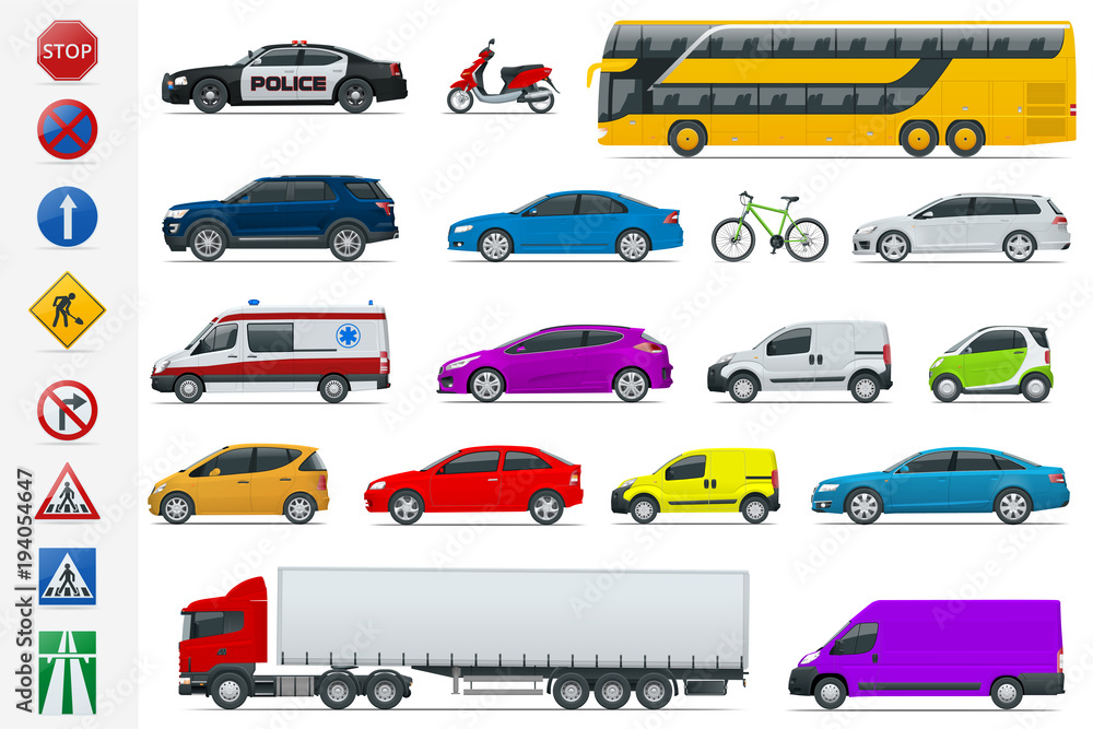 Flat high-quality city transport cars and road signs icon set. Side ...