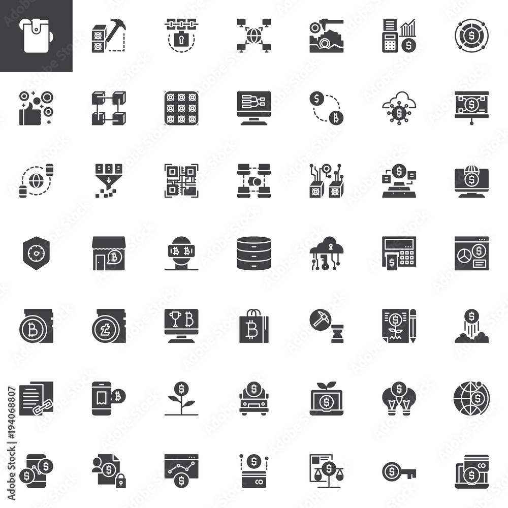 Cryptocurrency and fintech vector icons set, Solid symbol collection ...