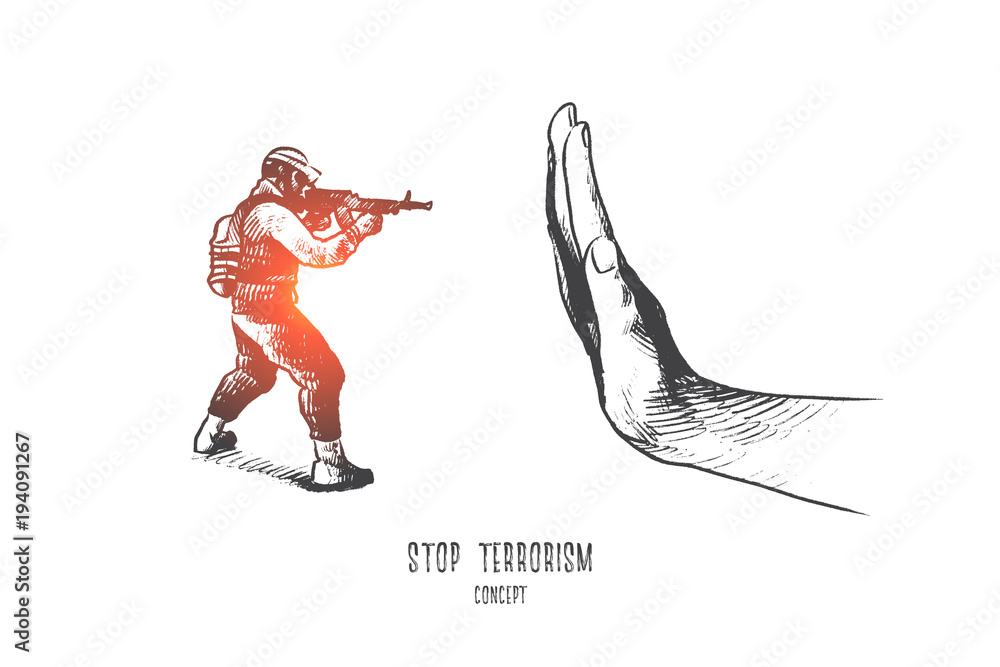 Stop terrorism concept. Hand drawn hand stopping gun violence. Military ...