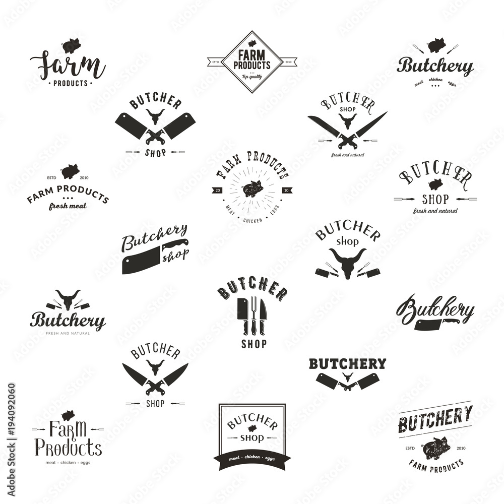 Set of retro styled butchery logo templates. Butchery labels with ...