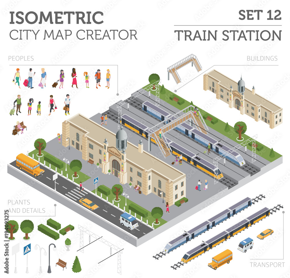 3d isometric Train station and city map constructor elements isolated ...