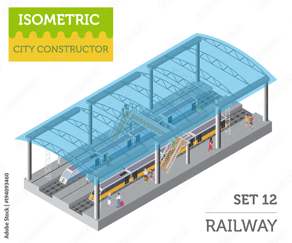 3d isometric Train station and city map constructor elements isolated ...