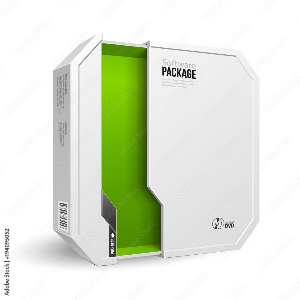 Opened Octagon Modern White Software Package Box, Green Inside. Mock Up ...