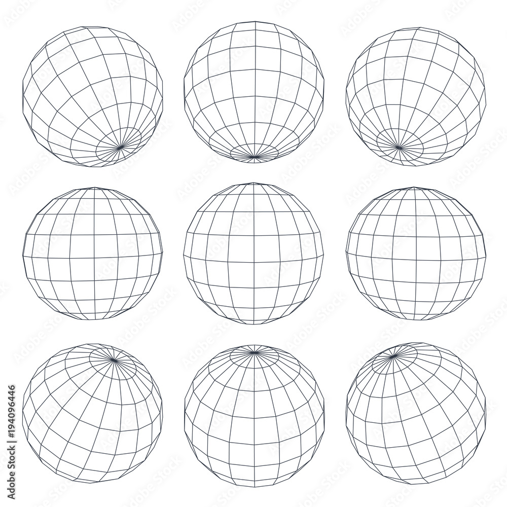 Set of 3d spheres globe earth grid from different sides. Horizontal and ...