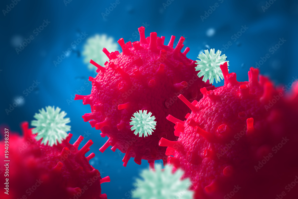 Pathogenic bacteria, viruses and microscopic germs. 3D illustration in ...