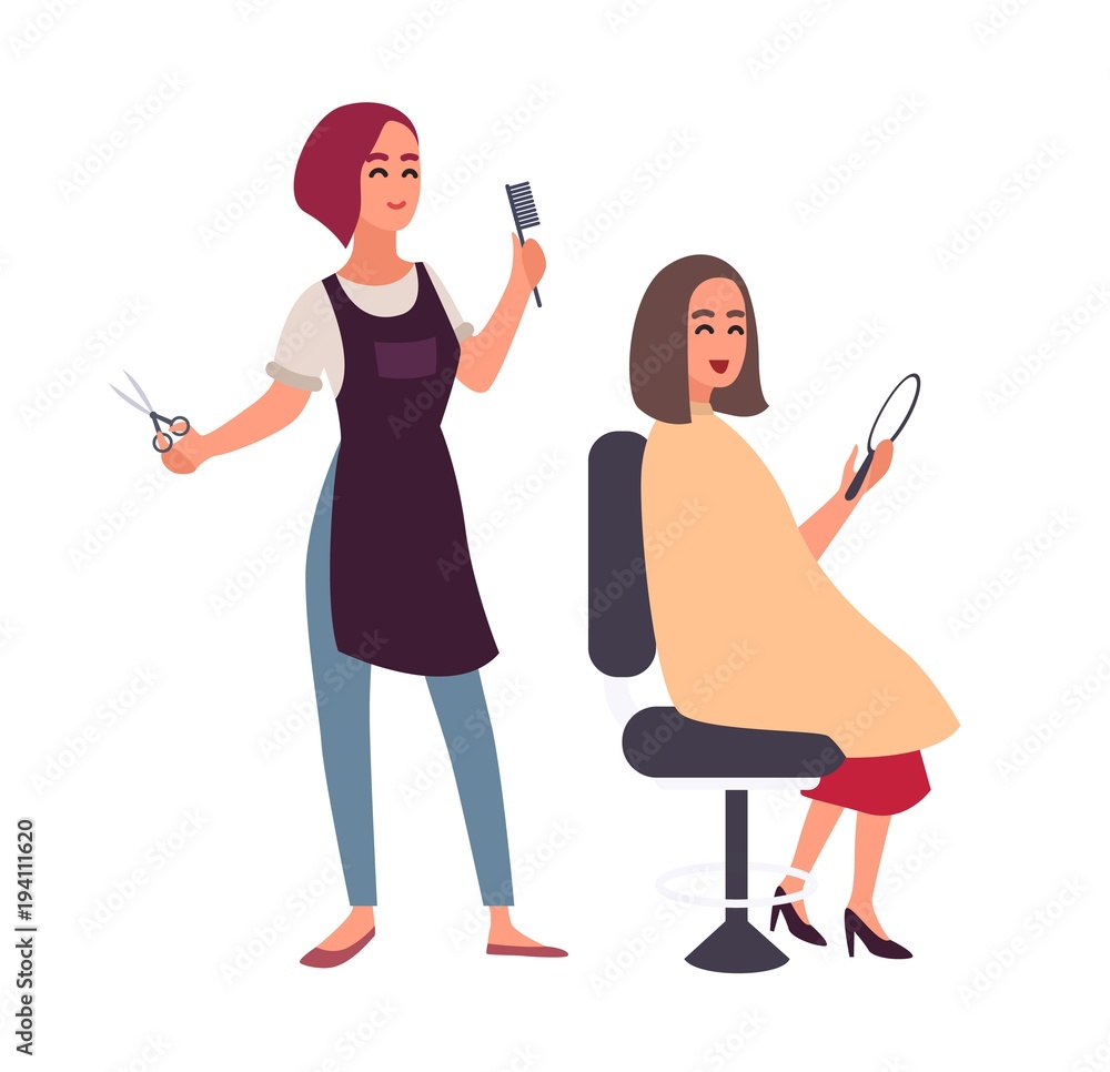 Female hairdresser cutting hair of her happy client sitting in chair ...