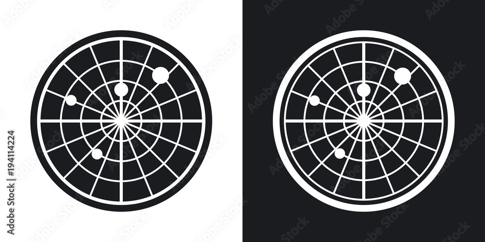 Vector radar screen icon. Two-tone version on black and white ...