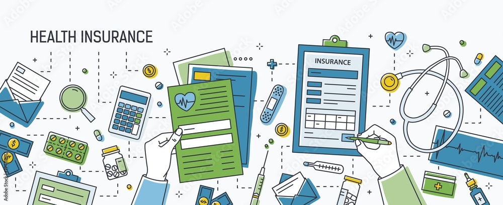 Horizontal banner with hands filling out form of health insurance ...