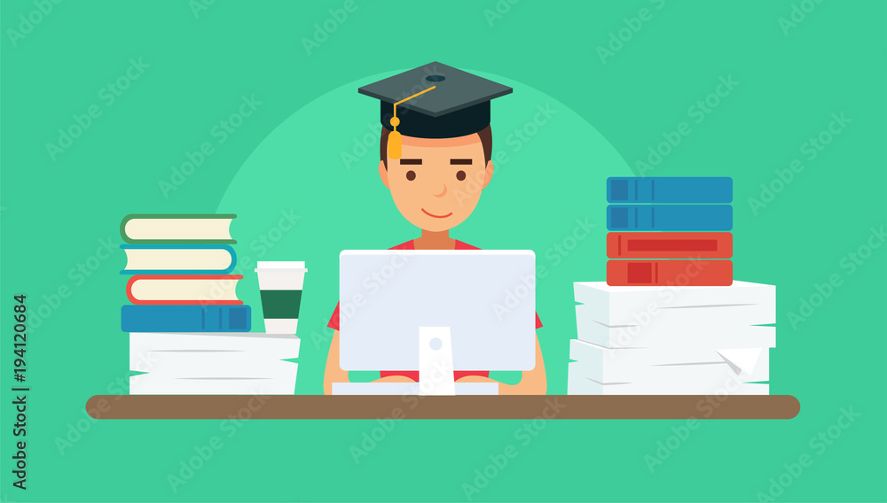 Studying - vector illustration with young student with a computer, many ...