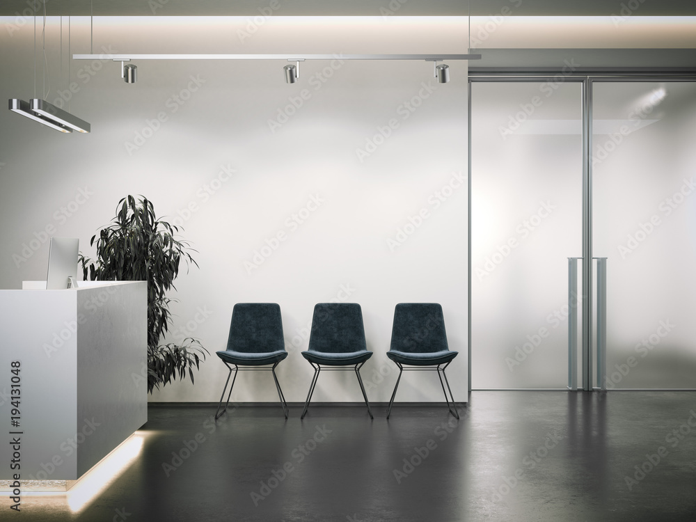 Bright office reception with waiting area. 3d rendering Stock ...