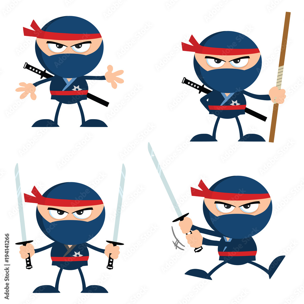 Blue Ninja Warrior Cartoon Character With Weapons Flat Design. Vector ...