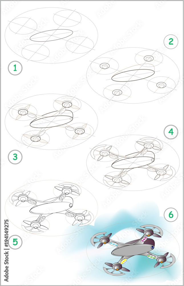 Page shows how to learn step by step to draw a drone. Developing ...