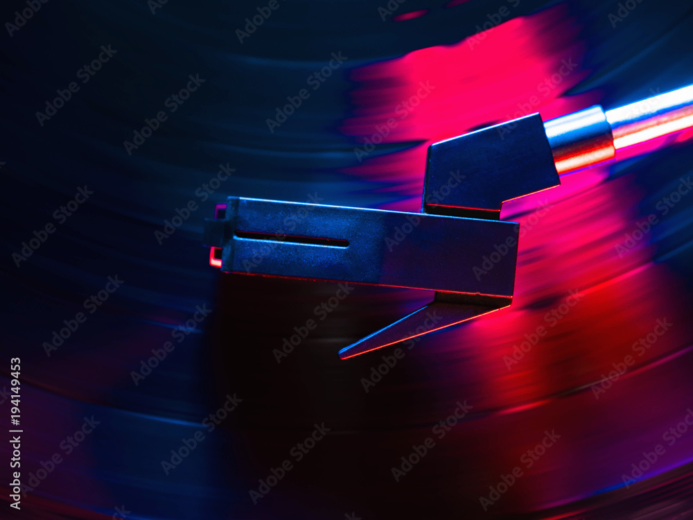 Cinemagraph, retro record vinyl player. Record on turntable. Top view ...