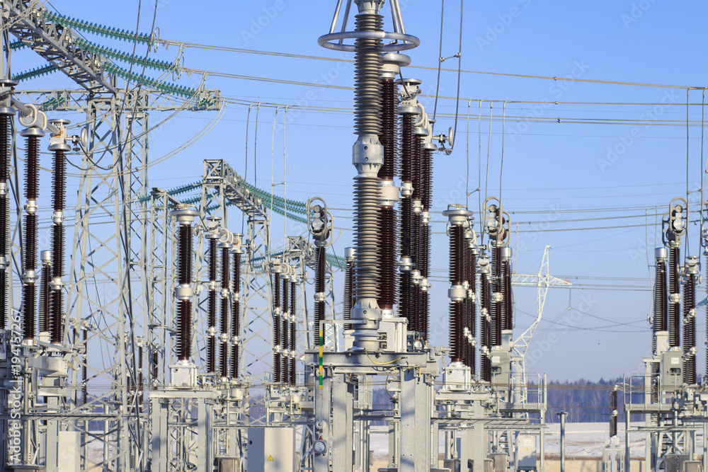 Power switching devices at a high-voltage substation. Industrial ...