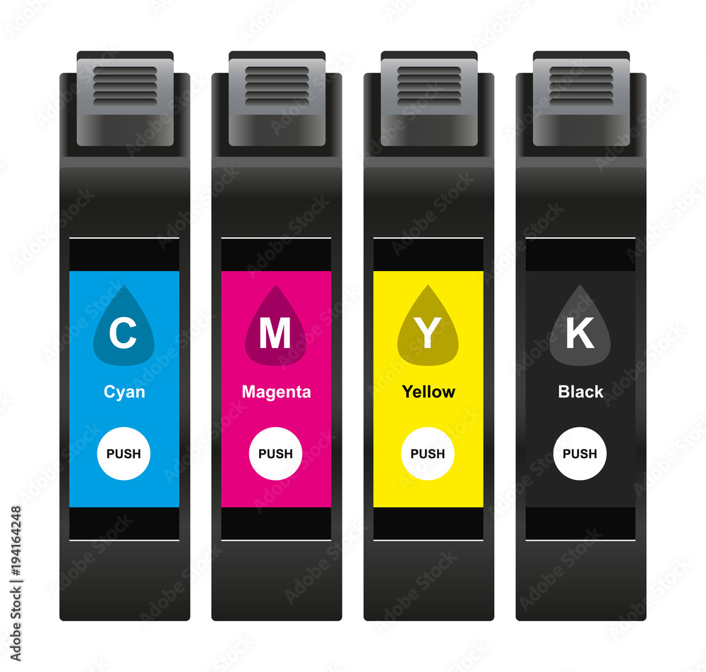 Vector illustration of CMYK ink cartridges which consist of cyan ...
