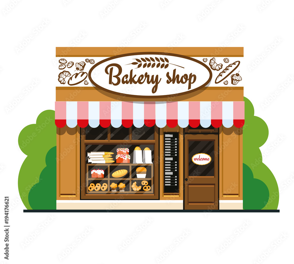 Bakery shop. Bakery shop in flat style. The facade of a bakery shop ...