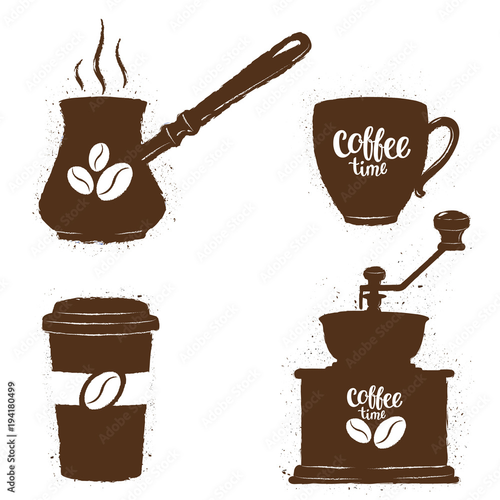 Vintage coffee objects set. Silhouettes of coffee cups, grinder, pot ...