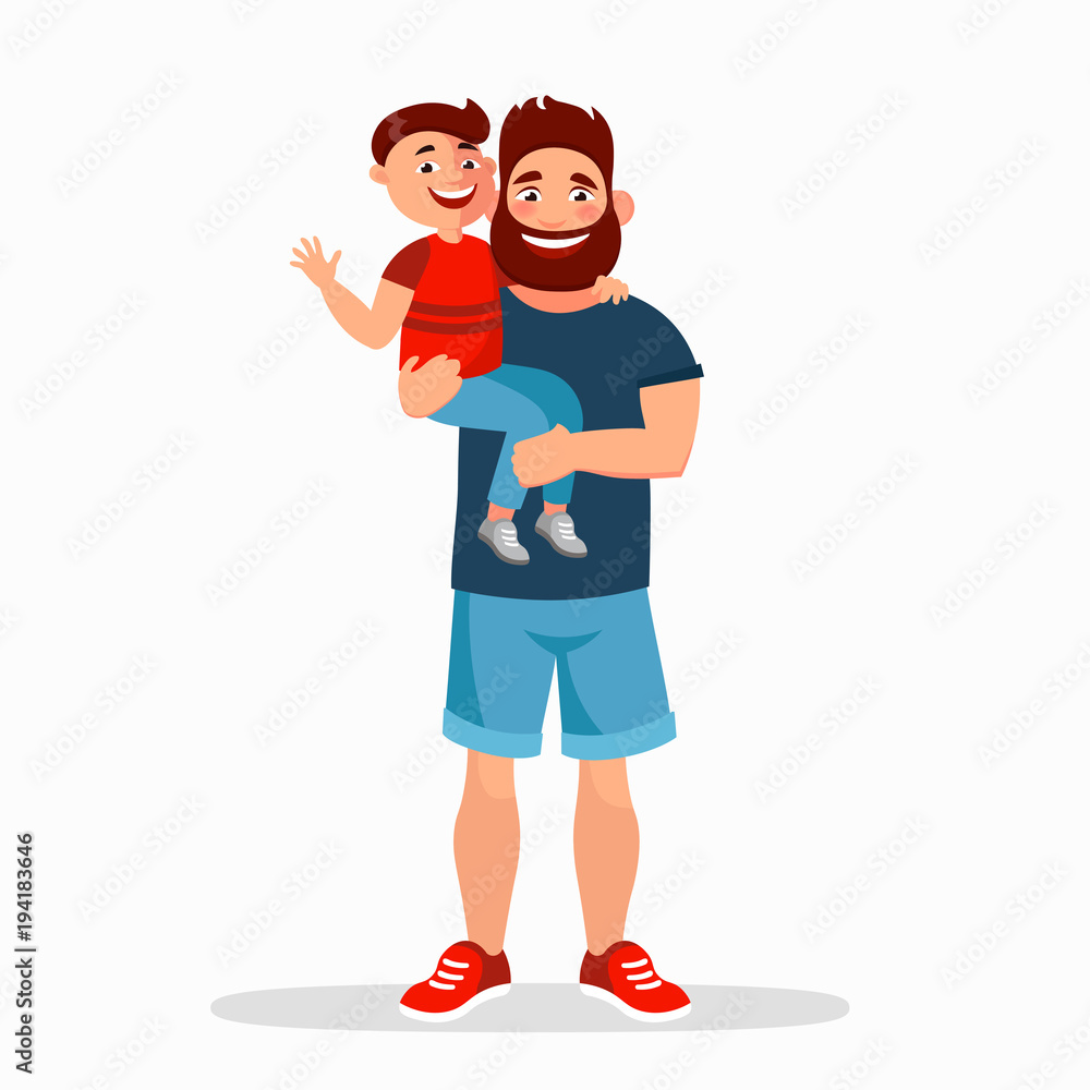 Father and son vector flat illustration. Father holding smiling child ...