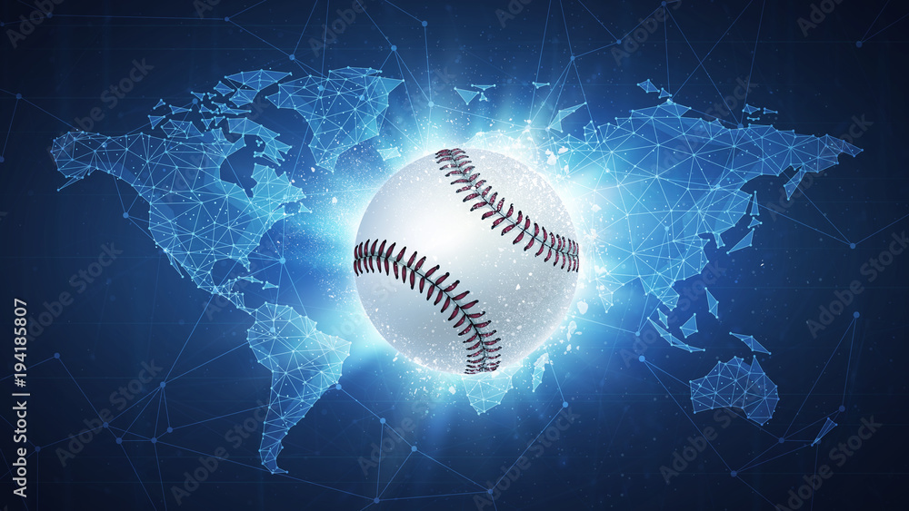 Baseball Ball flying in white particles on the background of blockchain ...