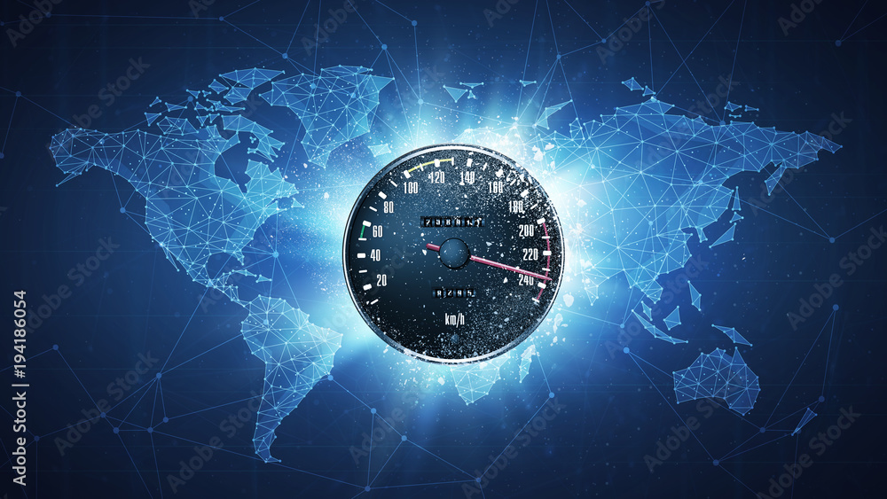 Speedometer flying in white particles on the background of blockchain ...