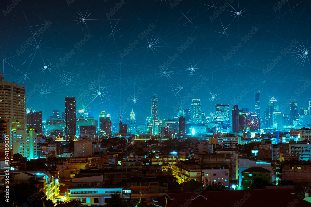 abstract dot and line connection look like the star over night city sky ...