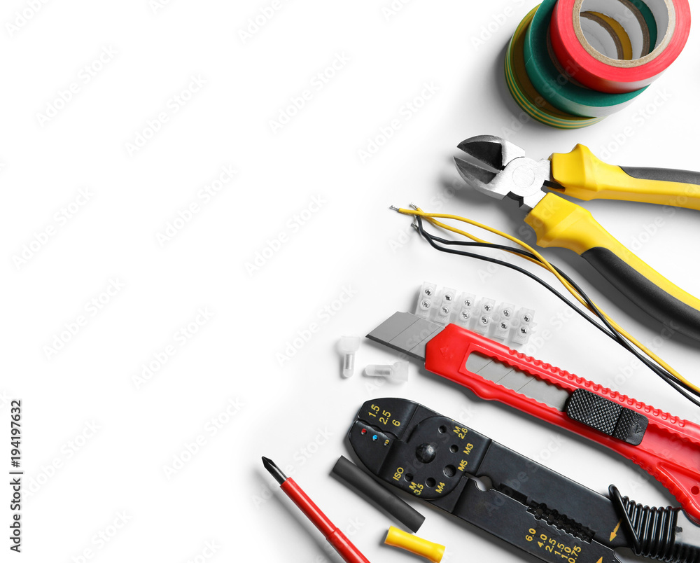 Different electrical tools on white background Stock Photo | Adobe Stock