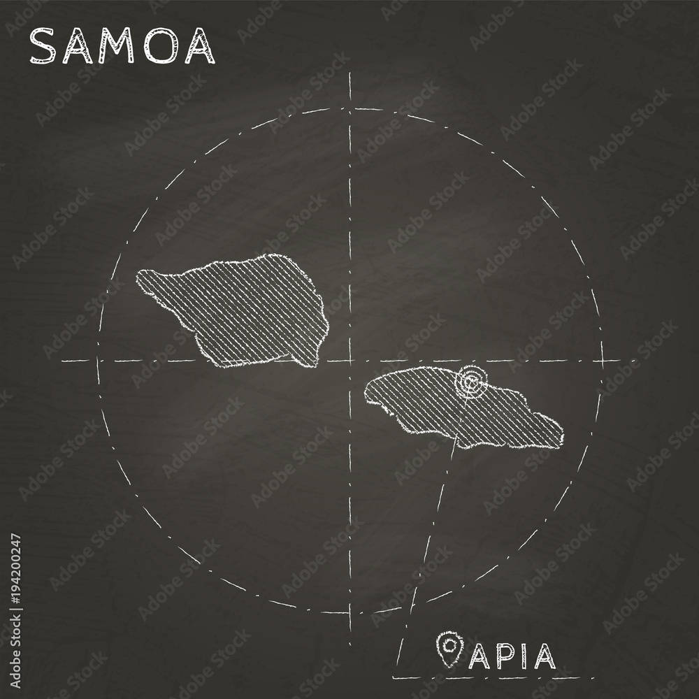 Samoa chalk map with capital marked hand drawn on textured school ...