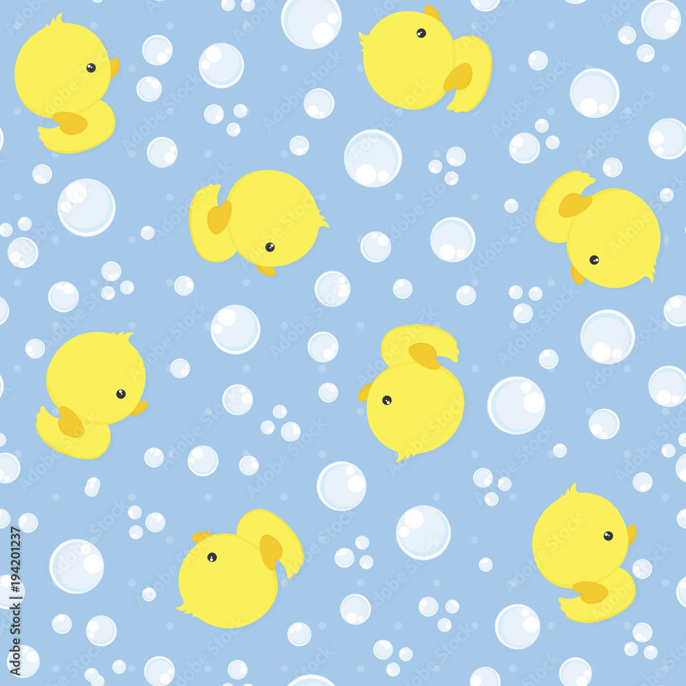 seamless pattern with cute baby rubber ducks on blue background, design ...