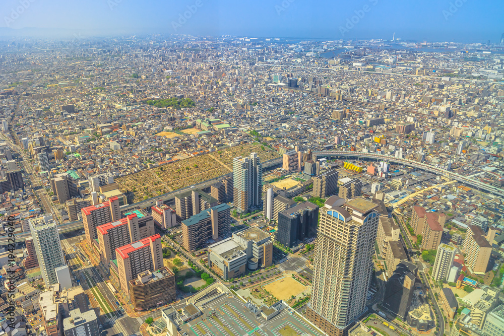Aerial view of Osaka skyline from observation deck of viewing platform ...
