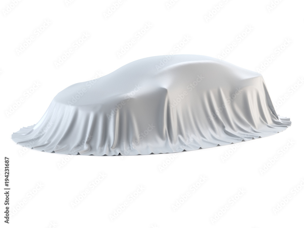 New car presentation, model reveal, hidden under white sheet, isolated ...